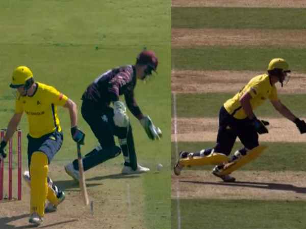 Batter tries to sneak a run with ball just behind the stumps, gets run ...
